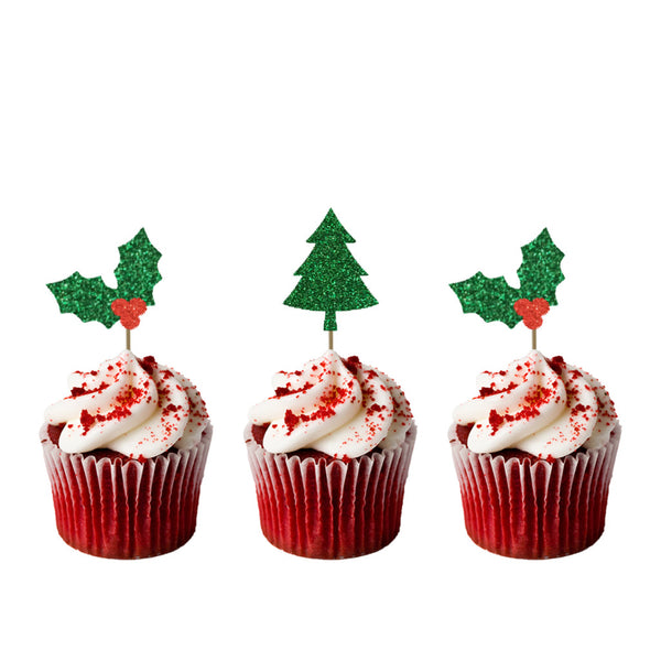 Christmas Tree and Holly Cupcake Toppers - Pack of 8 - Glitter Card ...